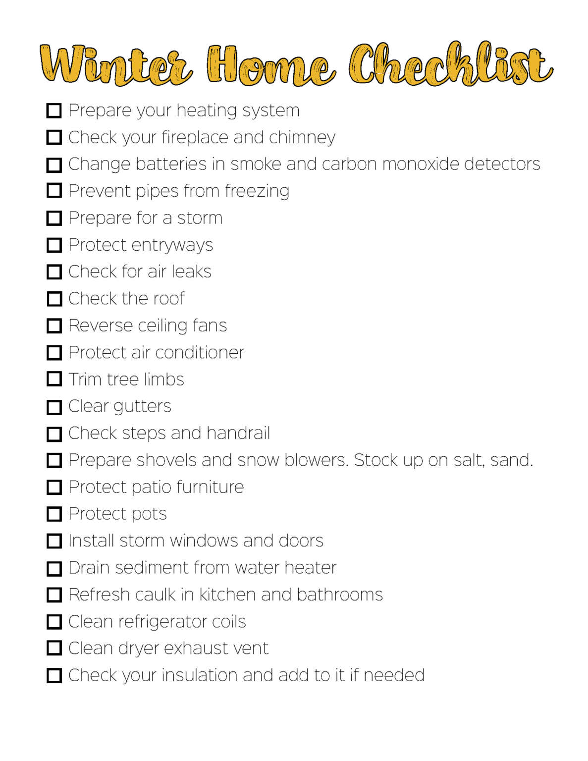 Winter Home Checklist - Bear Rental